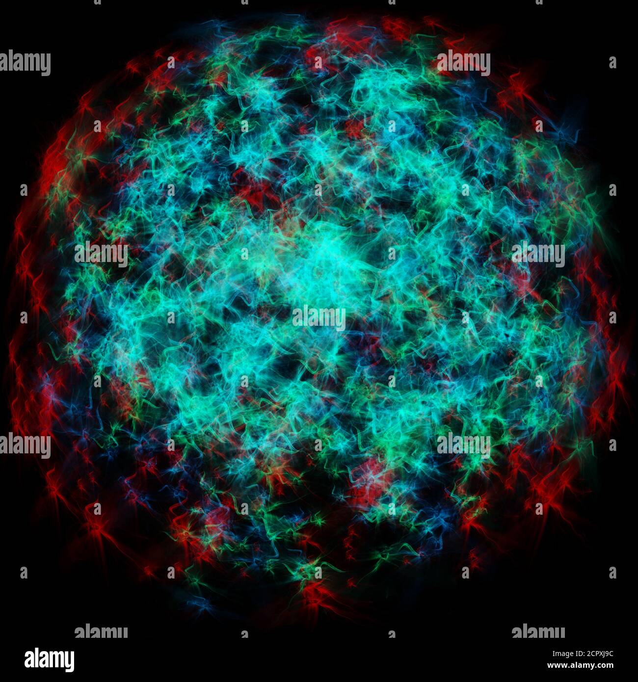 Abstract cyan and red glowing sphere with plasma against black ...