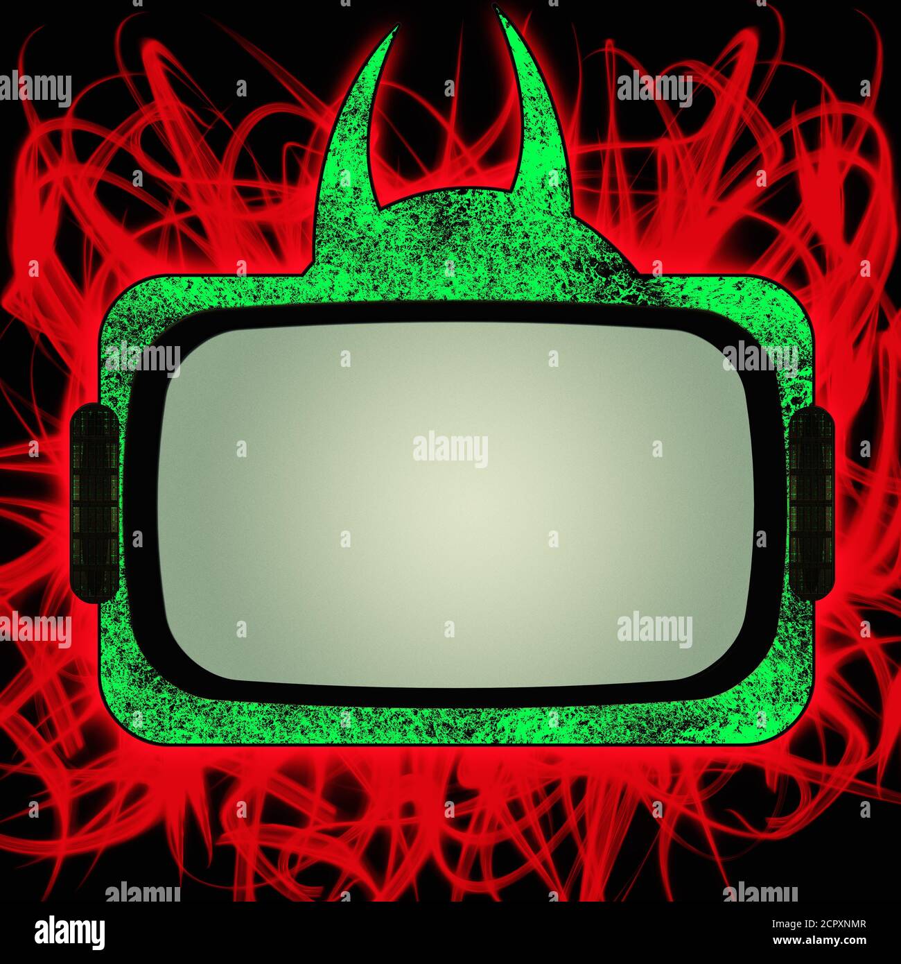 Green grungy devil tv set against black background with red fire flames ...