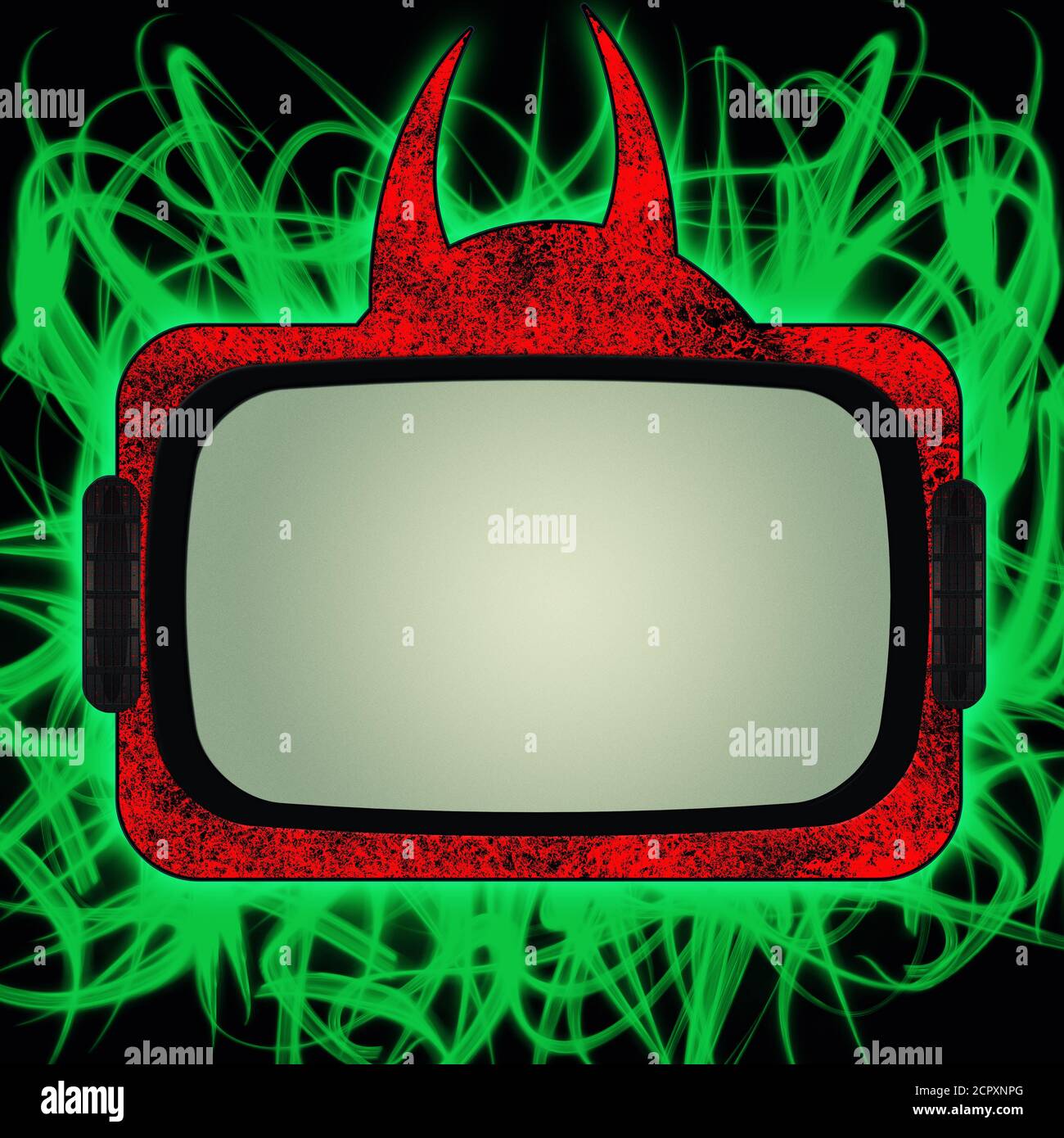 Red grungy devil tv set against black background with green fire flames ...