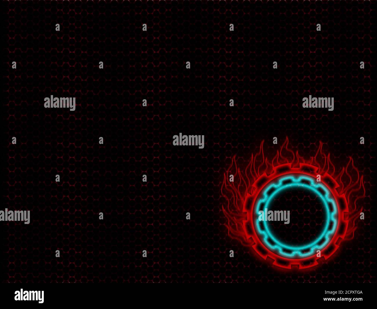 Abstract red patterns on black with red burning gear wheel and cyan ...