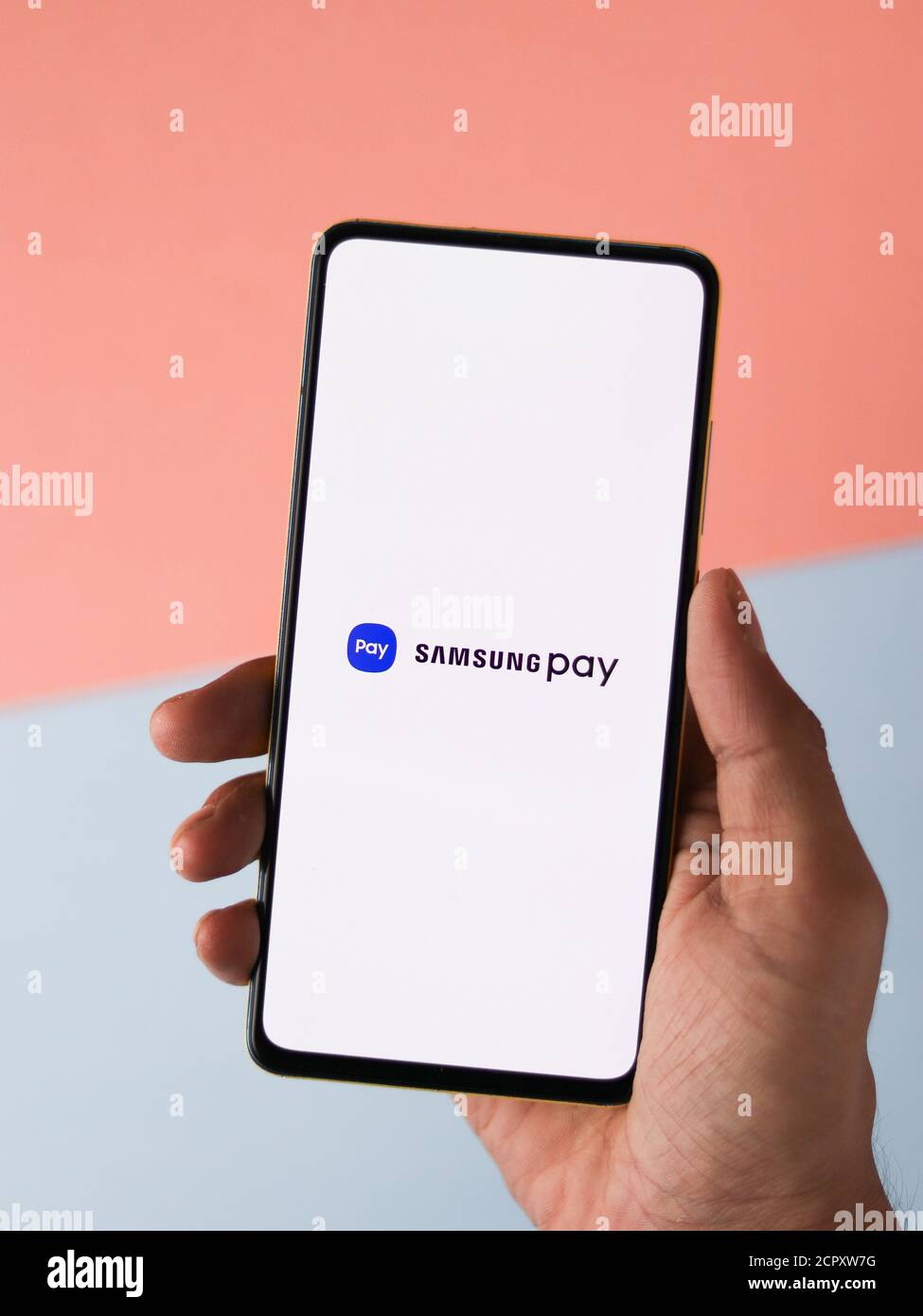 Assam, india - September 12, 2020 : Samsung pay logo on phone screen ...
