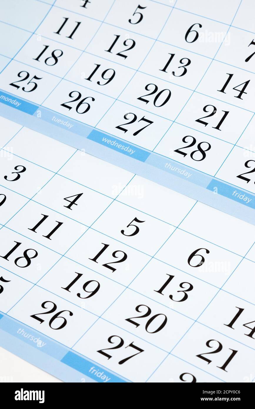 Part of calendar with black dates and selective focus Stock Photo - Alamy