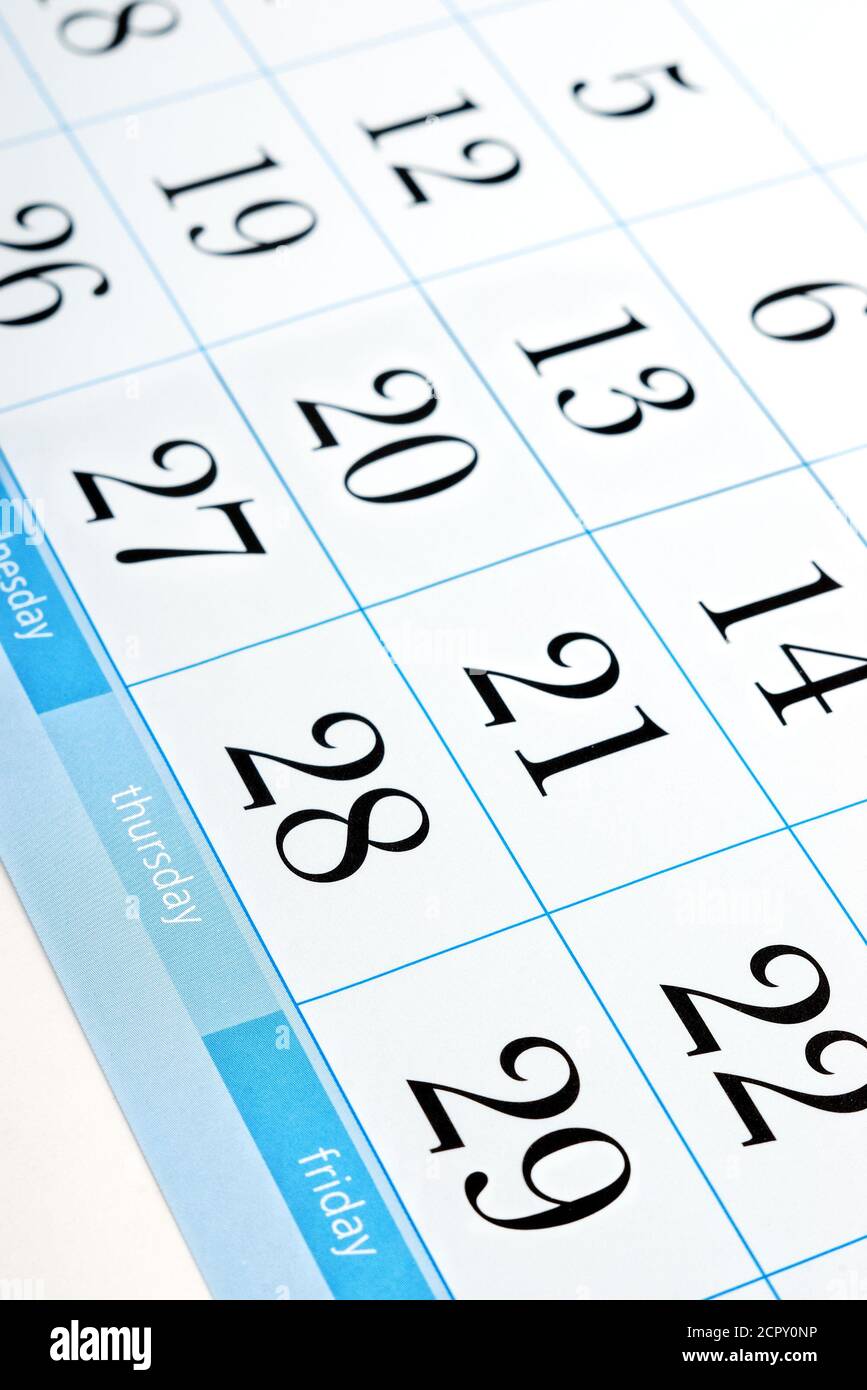 Part of calendar with month end dates with selective focus on Thursday ...