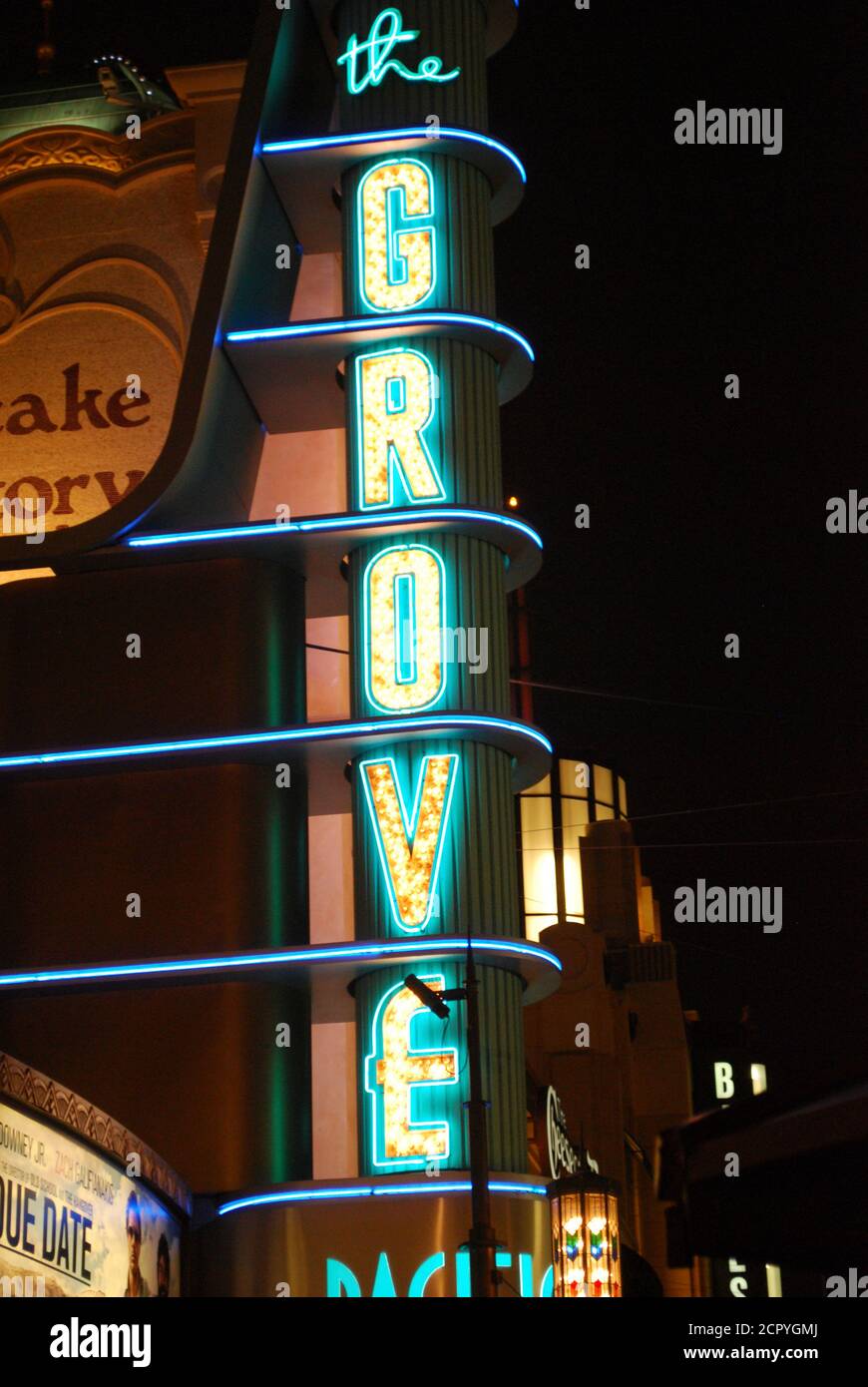 USA, California, Los Angeles, neon sign of "The Grove" shopping center ...