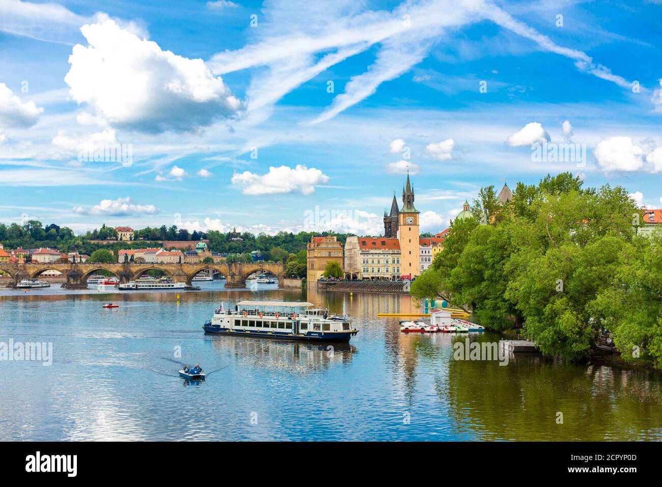 The landscape of the city of Prague view from the Vltava river on the ...