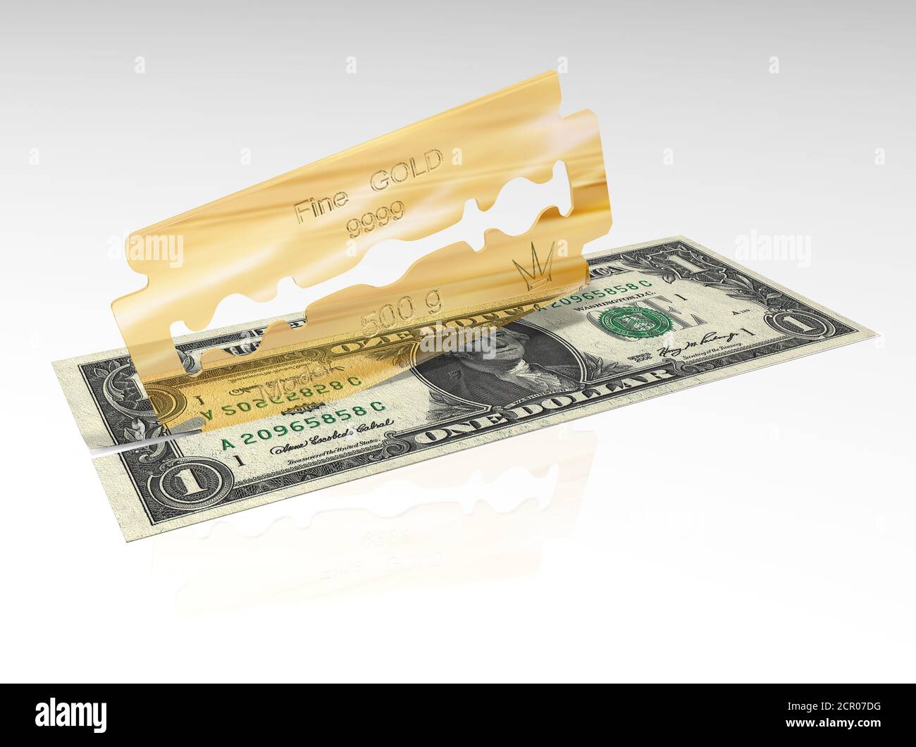 Finance. Dollar fall. Golden blade cuts bill. 3D render of a dollar ...