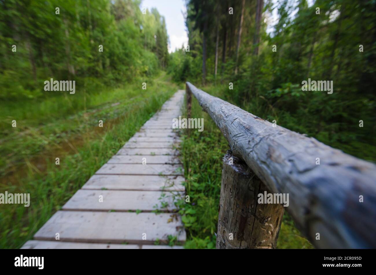 Wooden bridge over the stream. Wooden hedge. Tourist trail Stock Photo ...