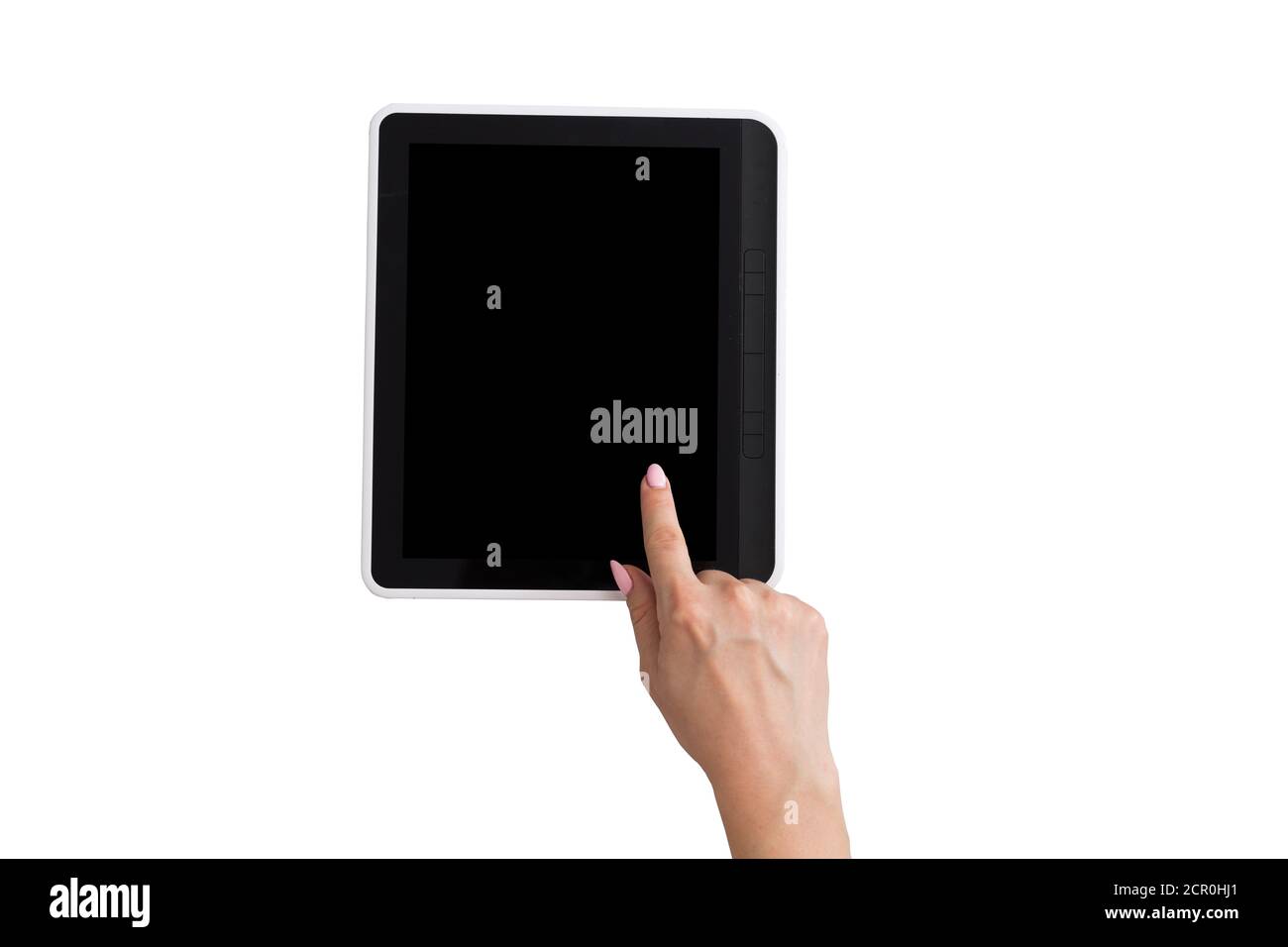 a male hand holding a touchpad pc, one finger touches the screen ...