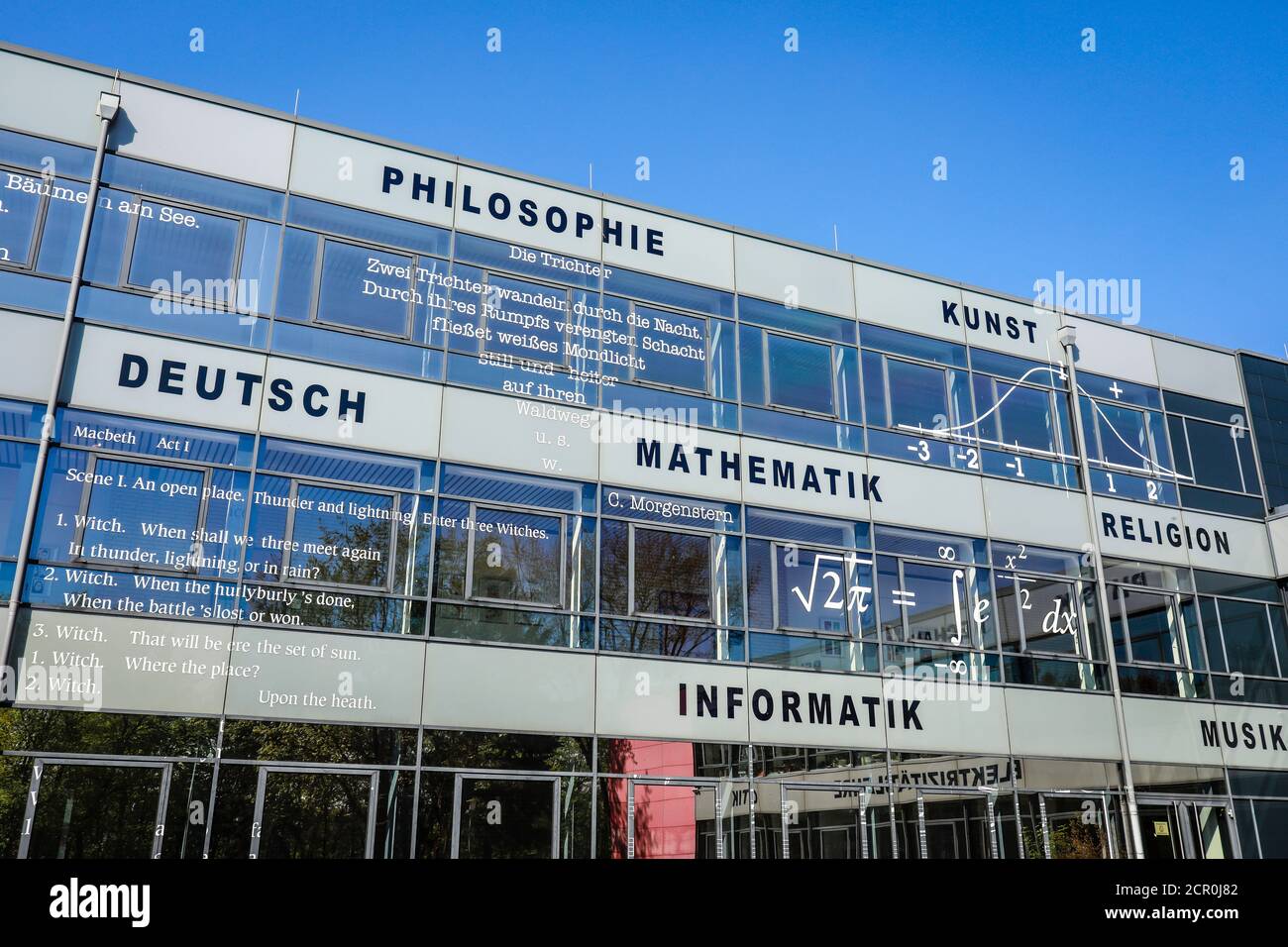 Facade with quotes and formulas, high school, Kamp-Lintfort, North ...