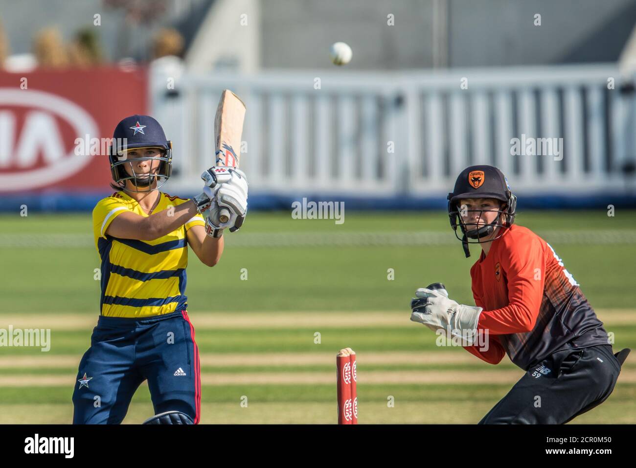 London, UK. 19 September, 2020. Chloe Brewer hits a four as the South ...