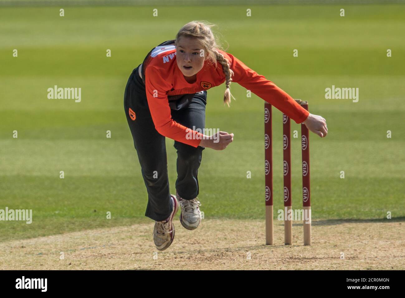 London, UK. 19 September, 2020. Alice Monaghan bowling as the South ...