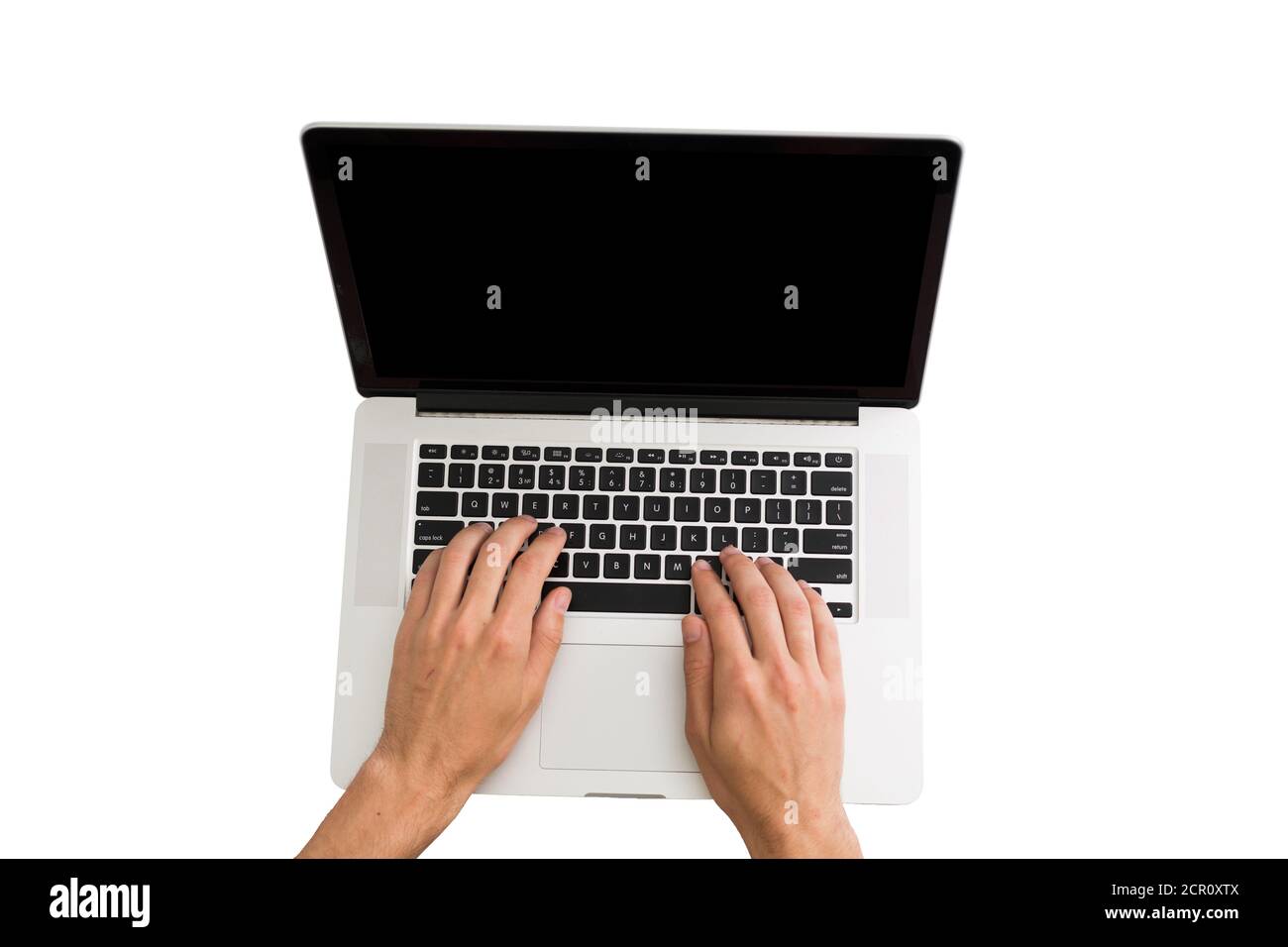 Man hands working on the laptop, photo taken with first person view ...