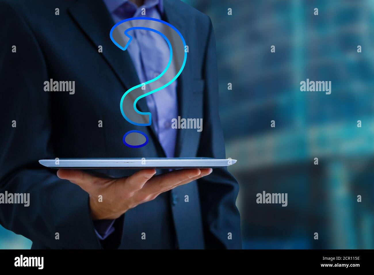 man hand tablet with question mark in screen Stock Photo - Alamy