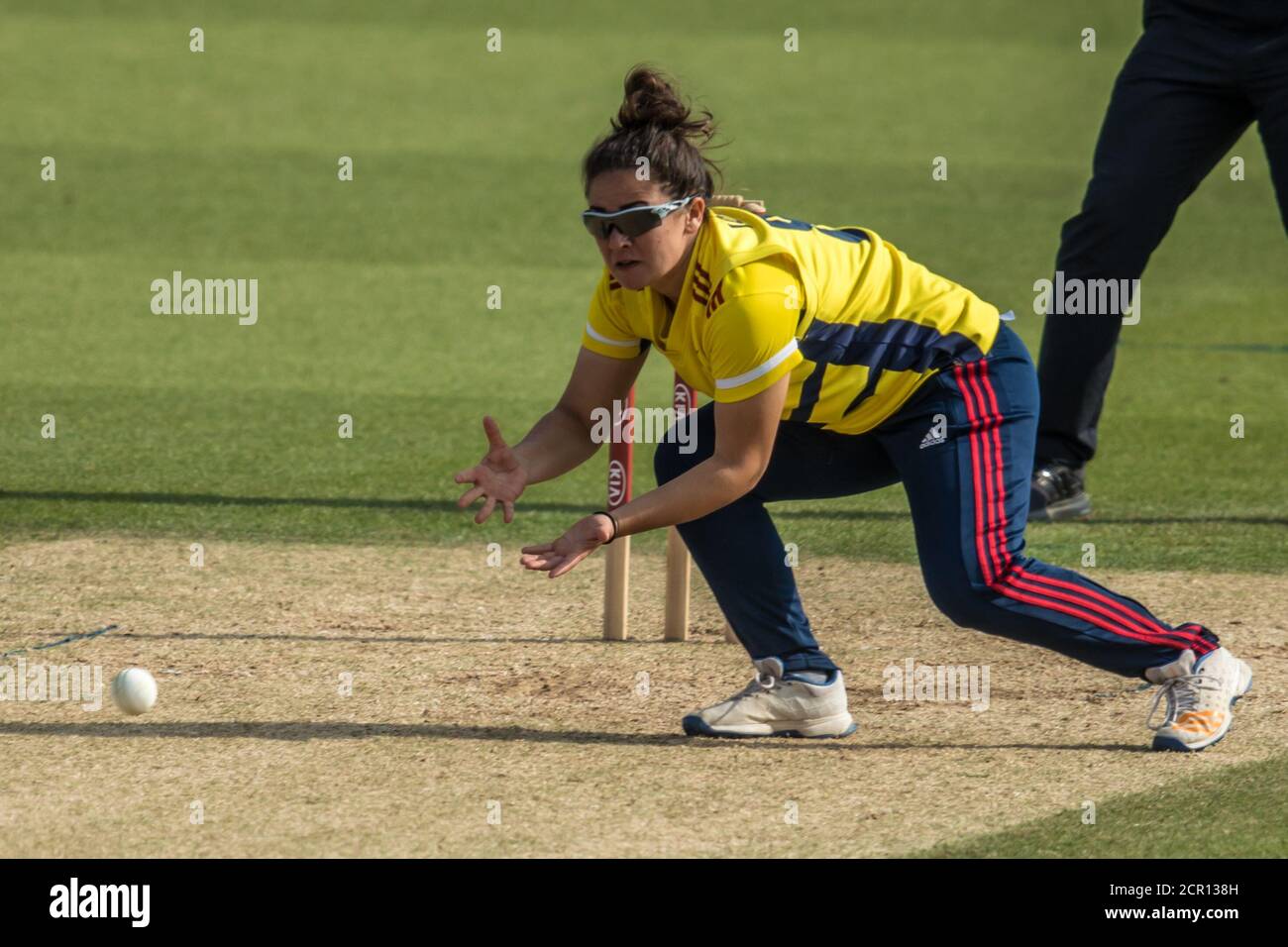 London, UK. 19 September, 2020. Hannah Jones fields off her own bowling ...