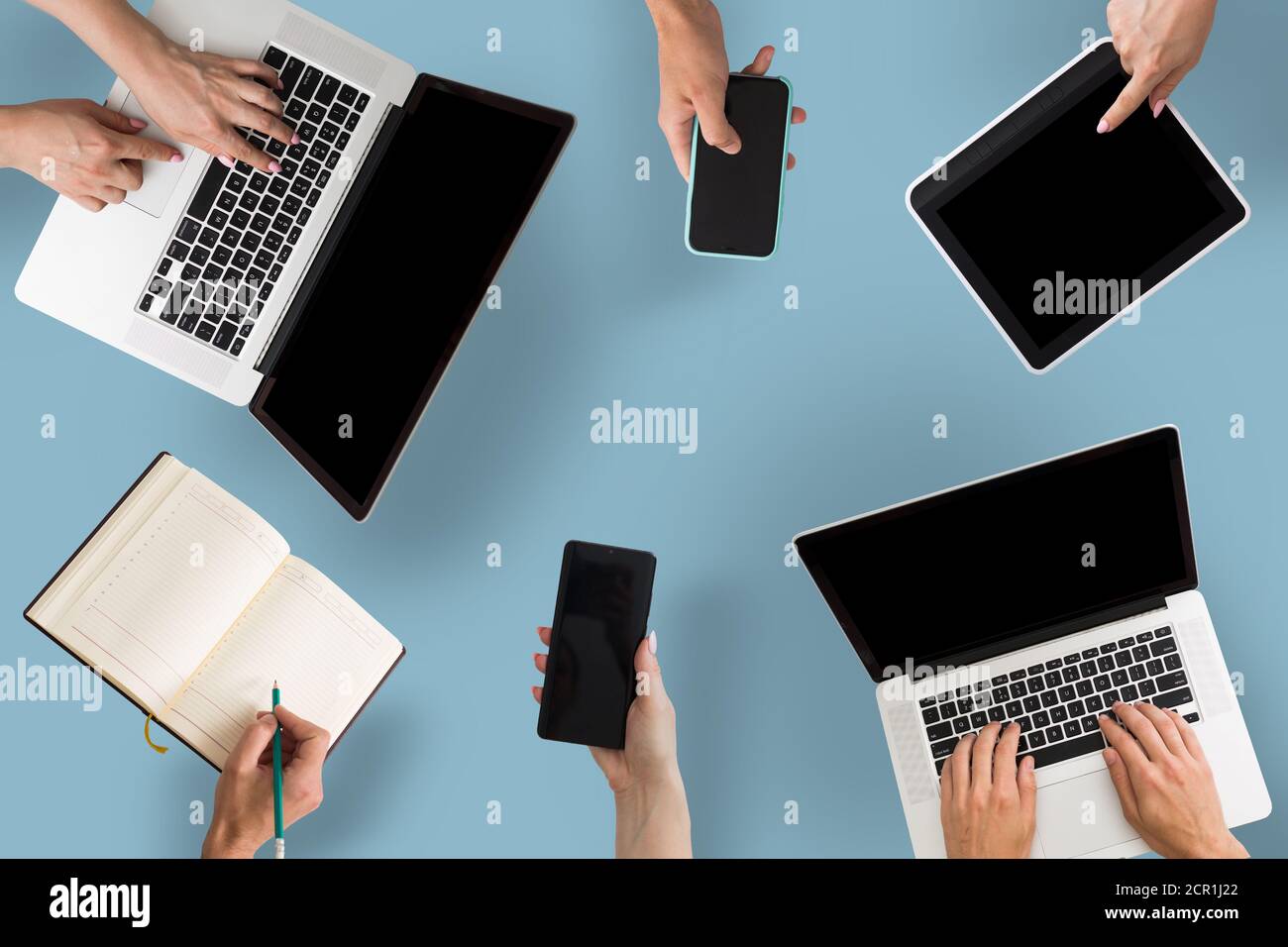 Business people team social networking, using computers, tablets and ...