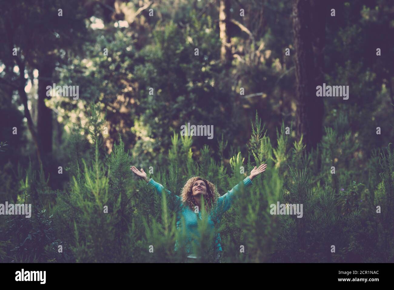 Happy people woman happy in the middle of the wood forest with trees ...