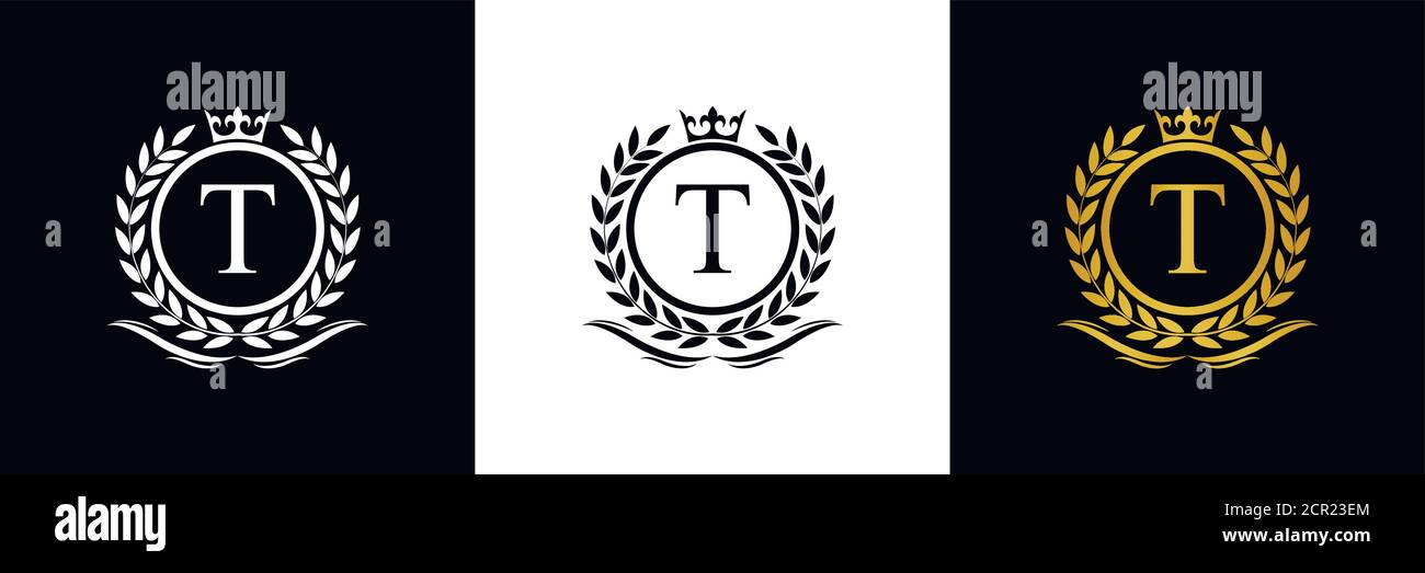 Golden Letter T laurel wreath template logo Luxury gold letter with ...