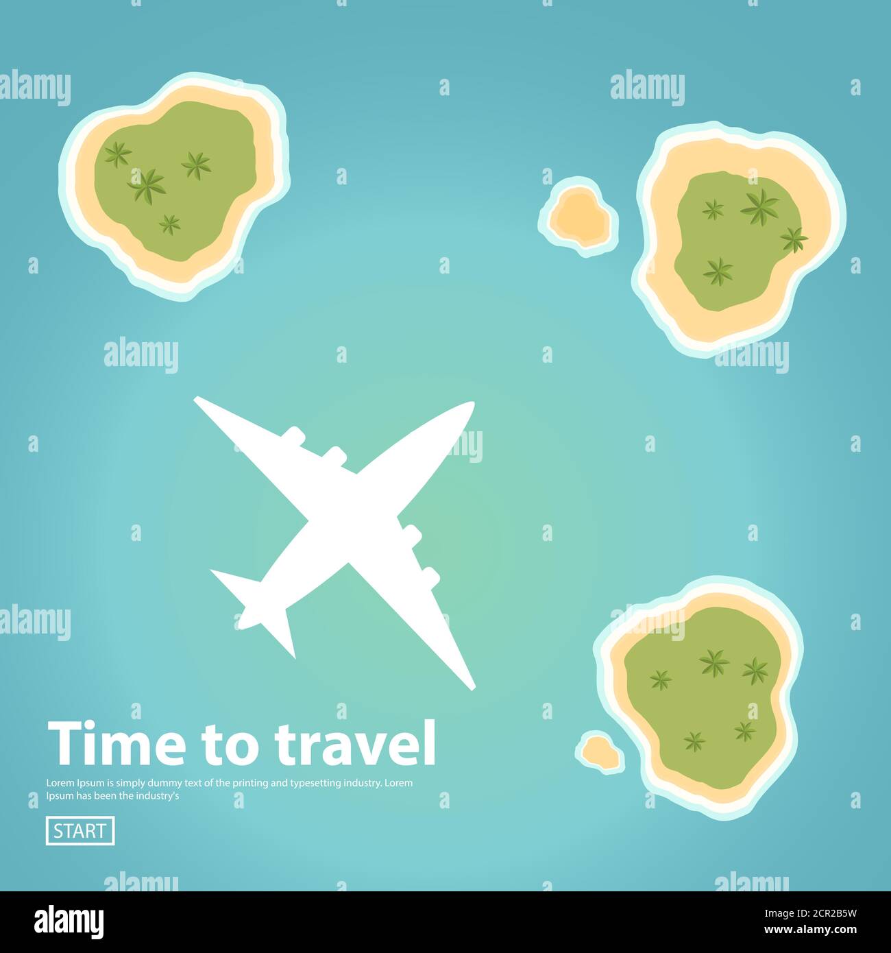 Landscape illustration the island text inscription jet plane sea Stock ...