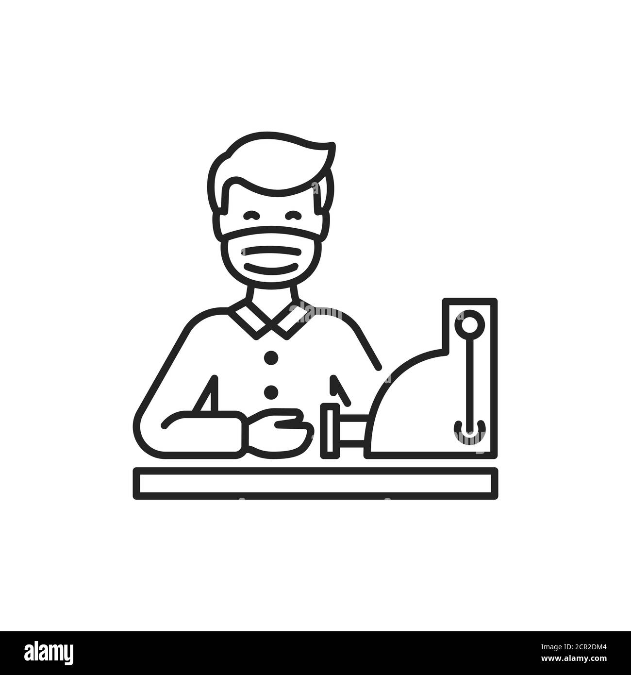 Masked cashier in shop black line icon. Safe travel. Pictogram for web ...