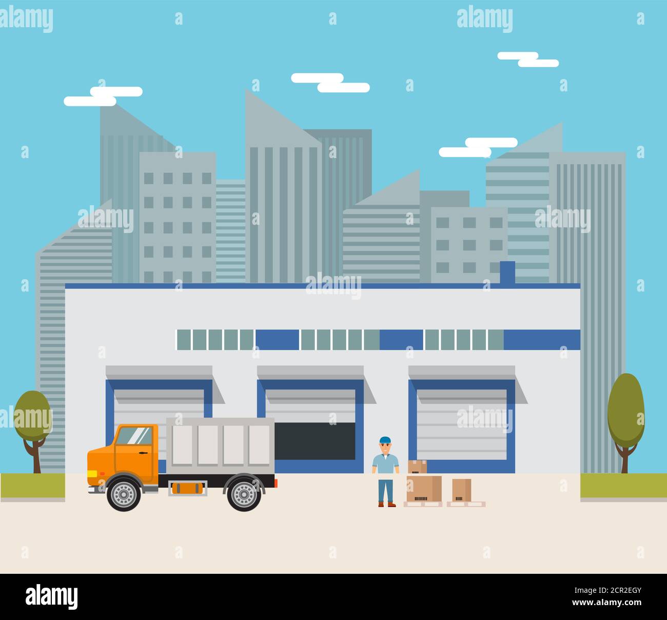 Vector warehouse building flat trucks and the road Stock Vector Image ...