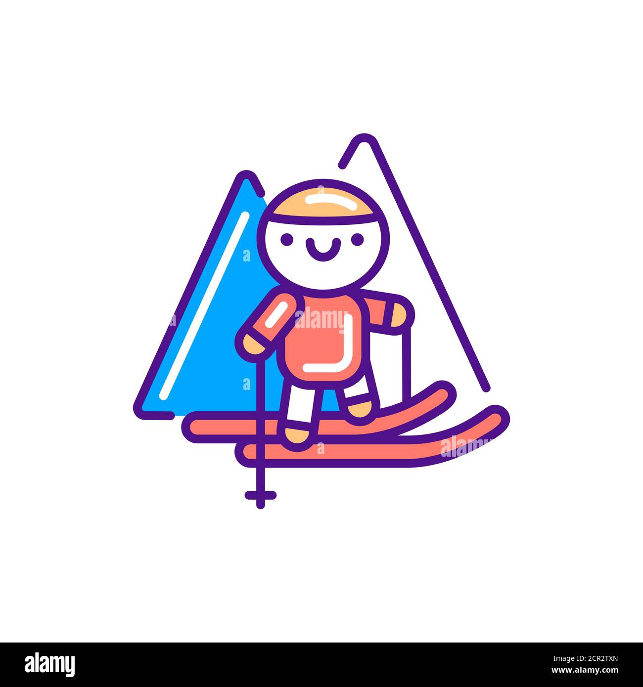 Ski tourism line color icon. Cute character skiing kawaii pictogram ...