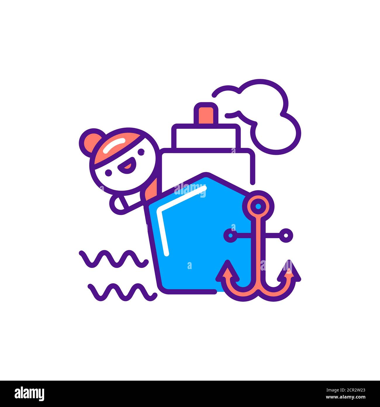 Water tourism line color icon. Cute girl on ship kawaii pictogram. Sign ...