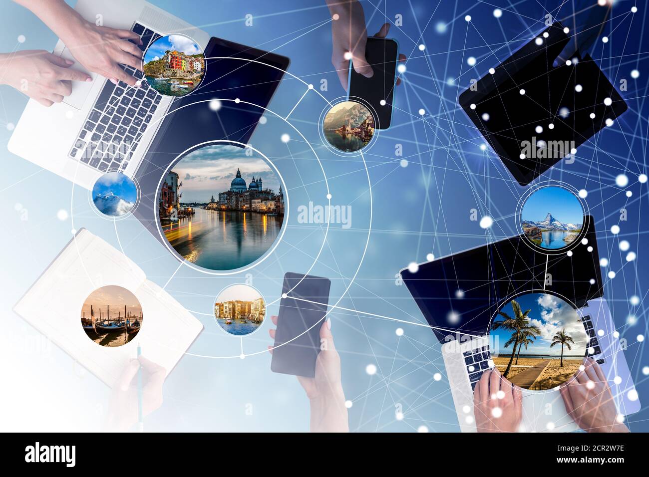 Business people team social networking, using computers, tablets and ...