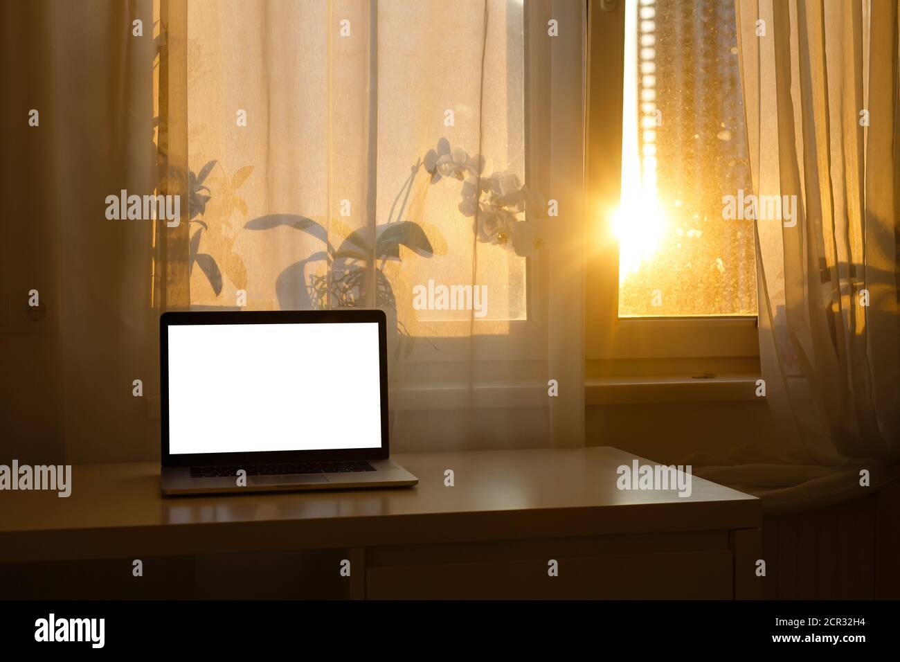 Side view of Open laptop computer. Modern thin edge slim design. Blank ...