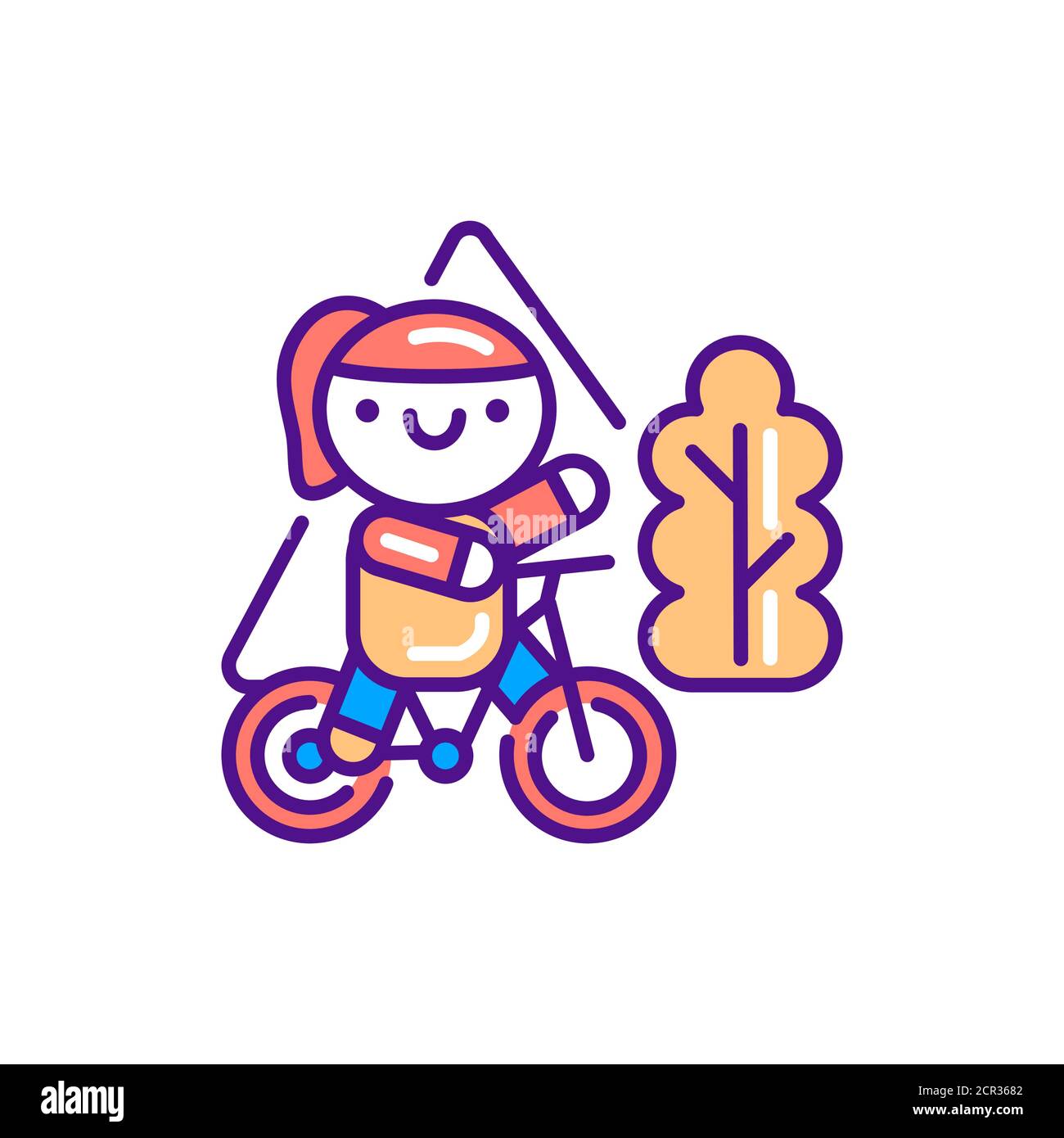 Cute girl on bicycle line color icon. Outdoor activities kawaii ...