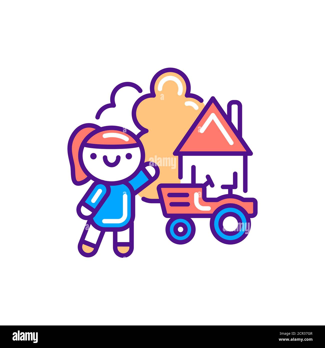 Rural tourism line color icon. Cute girl in village kawaii pictogram ...
