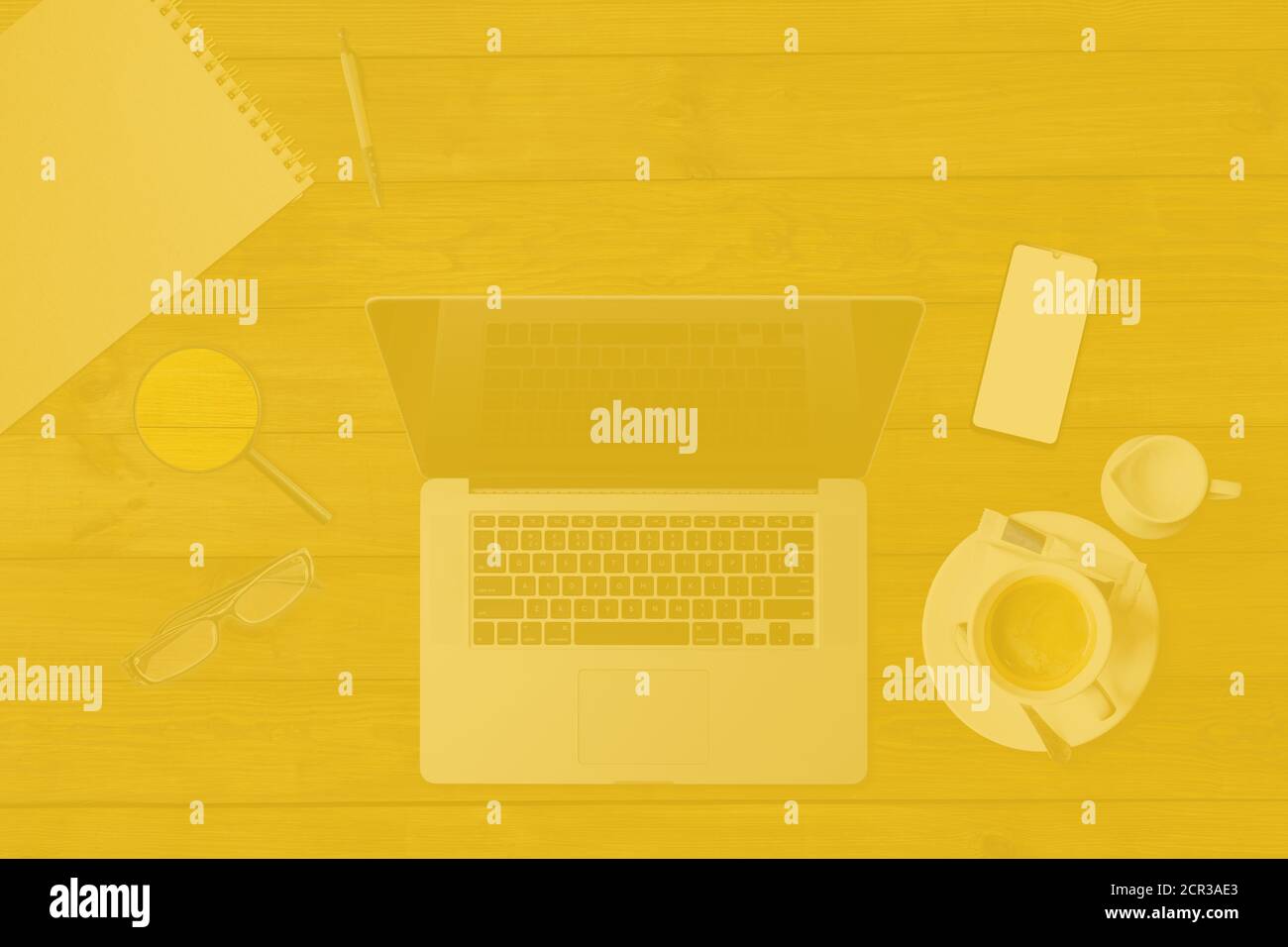 Top view of office desk table with modern accessories,supplies on color ...