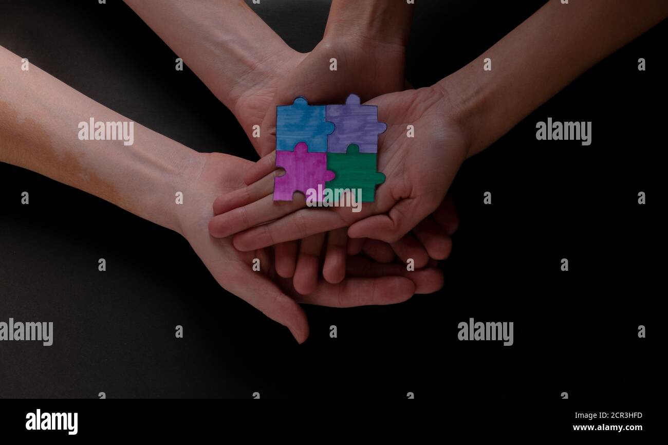 Overhead of paper cutouts of puzzle pieces on hands- concept of unity ...