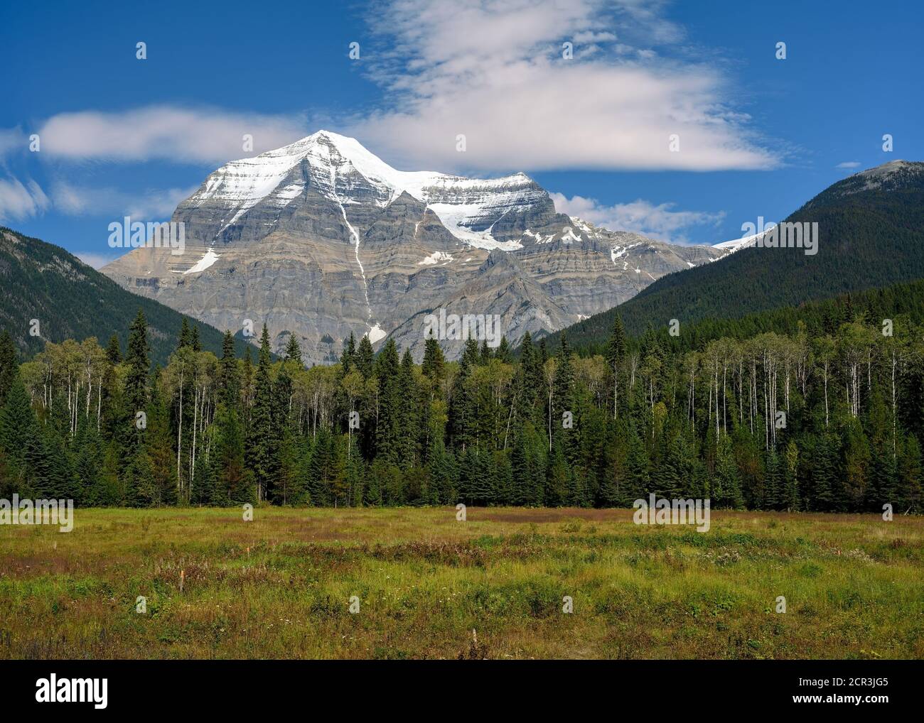 The snow capped peak of Mount Robson, the highest peak in the Canadian ...