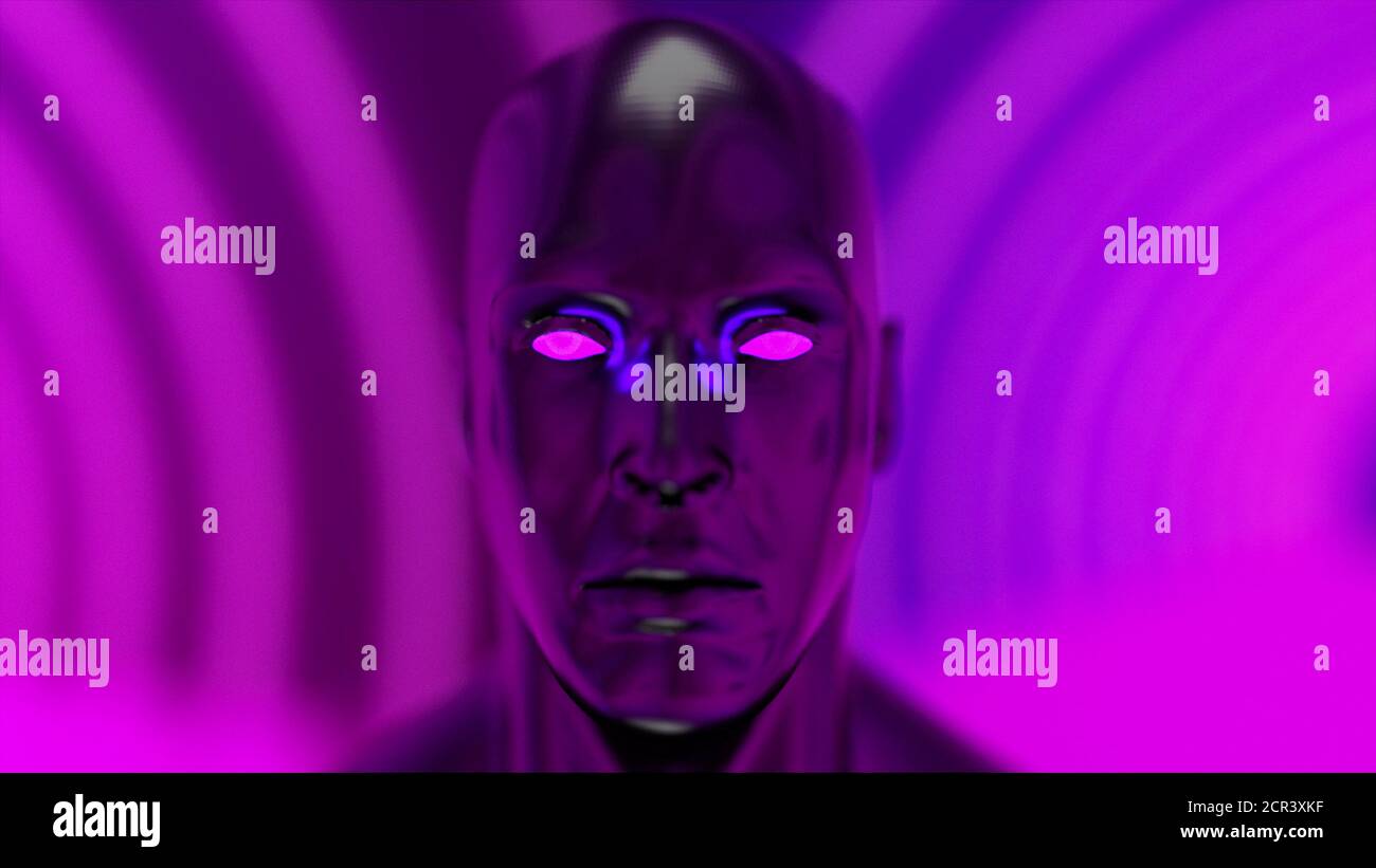 Human head with iridescent glare in front of geometric neon, 3d ...