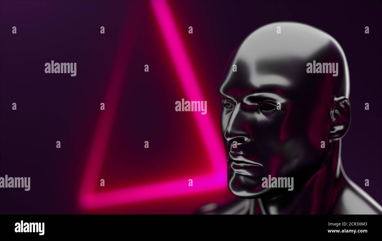 Human head with iridescent glare in front of geometric neon, 3d ...