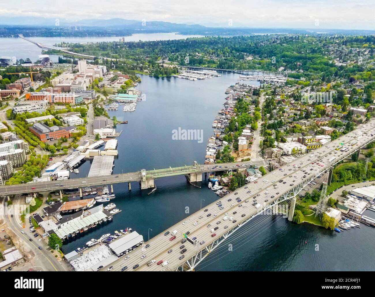 Interstate 5 and the Ballard Bridge in Seattle seen from the air, WA ...