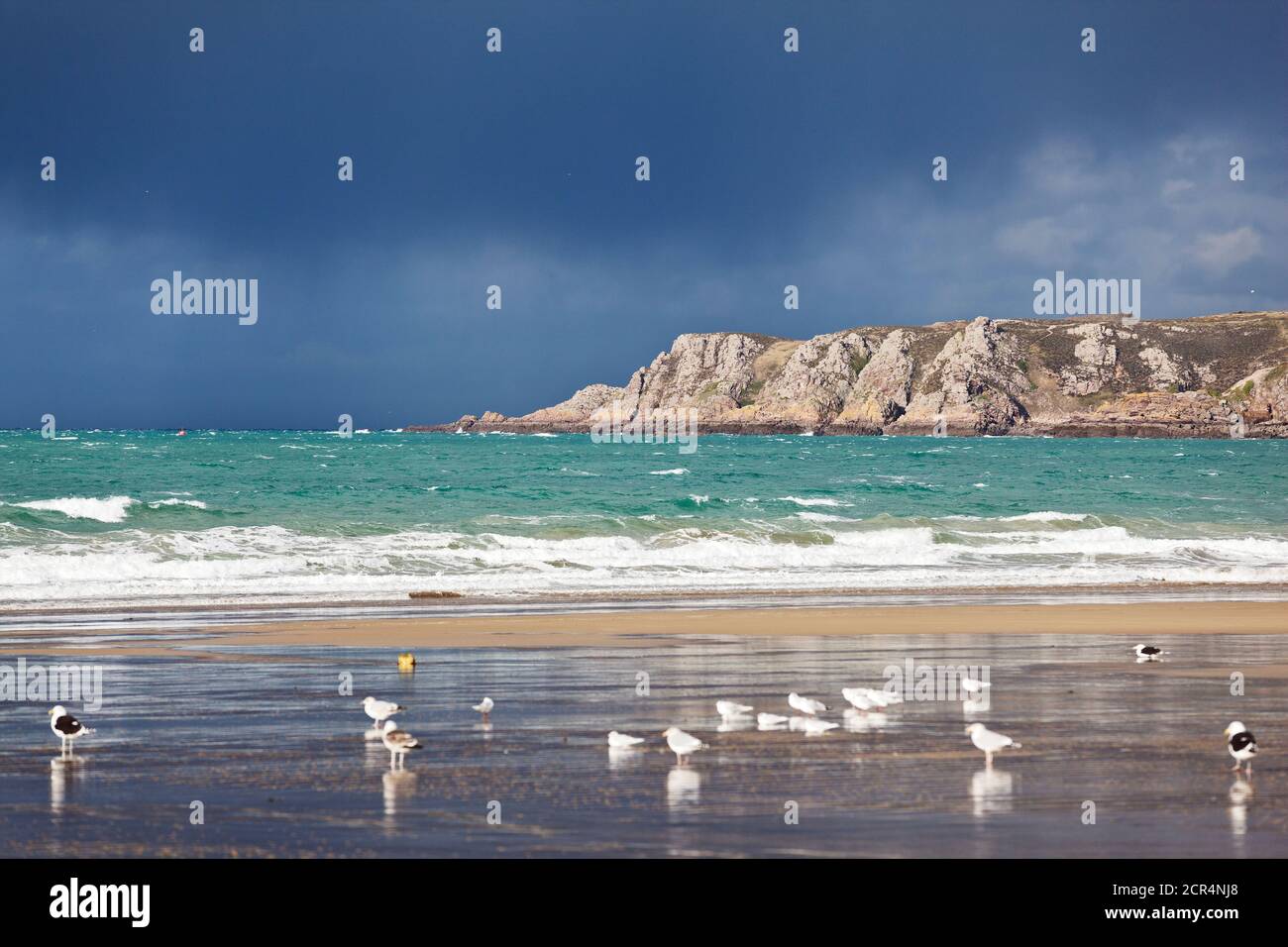 The Cap Erquy under dark rain clouds on an autumn day. Brittany, France ...