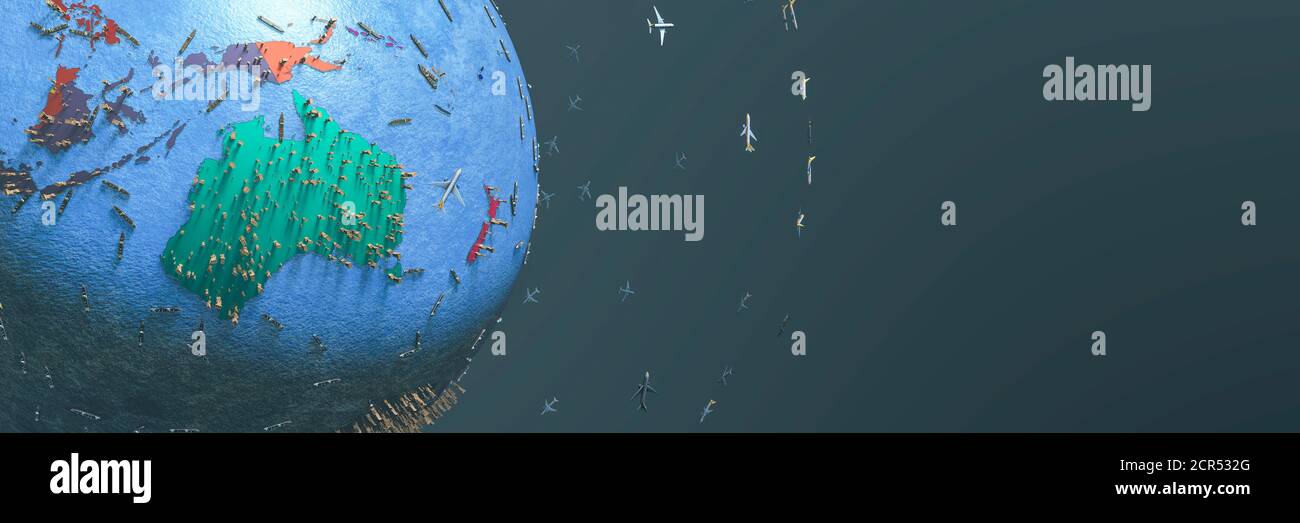 3d illustration of earth globe, boxes and planes, transportation ...