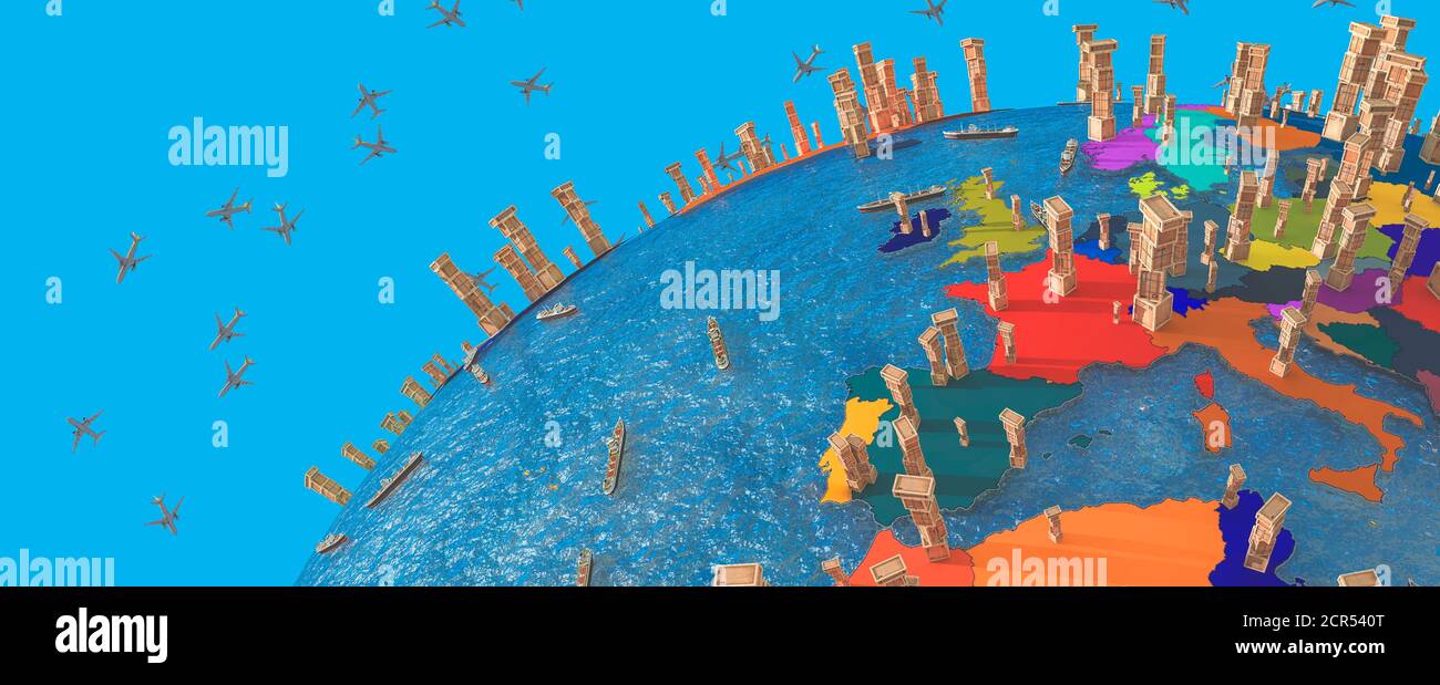 3d illustration of earth globe, boxes and planes, transportation ...