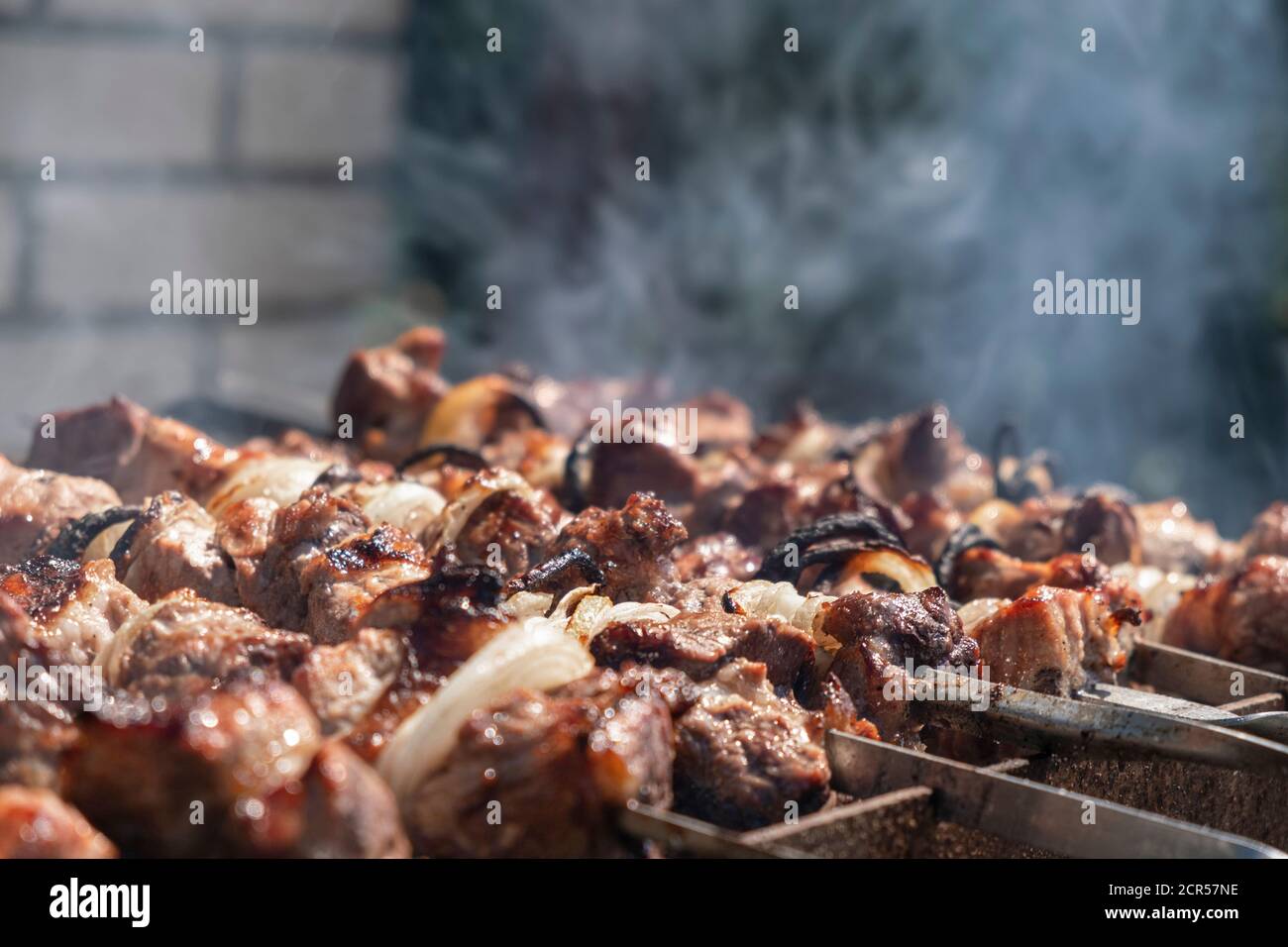 Pork shish kebab roasting on the grill. Barbecue party. Close-up Stock ...