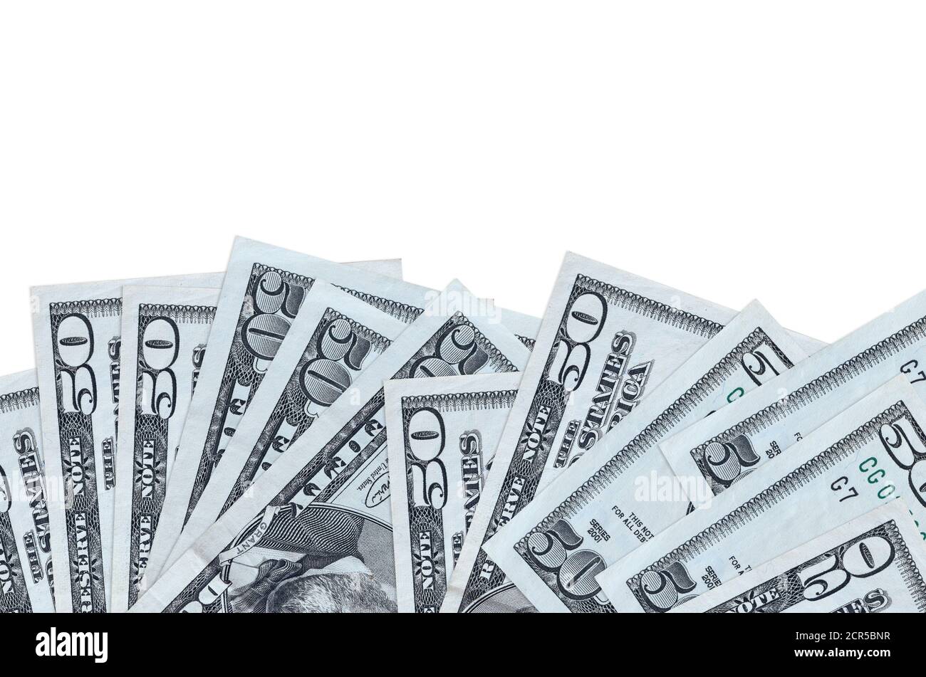 50 US dollars bills lies on bottom side of screen isolated on white ...