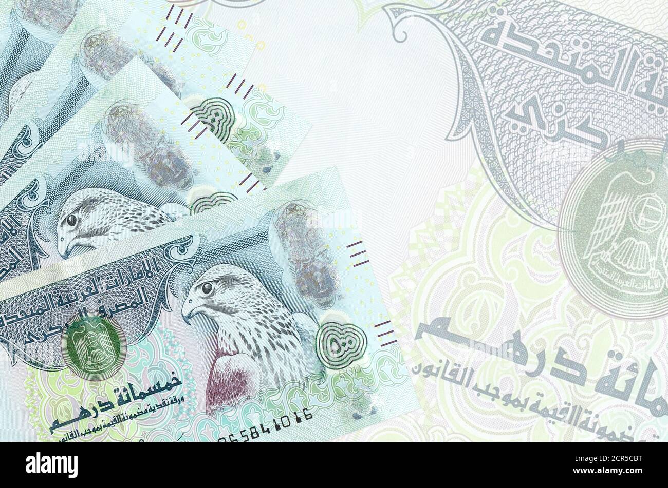 500 UAE dirhams bills lies in stack on background of big semi ...