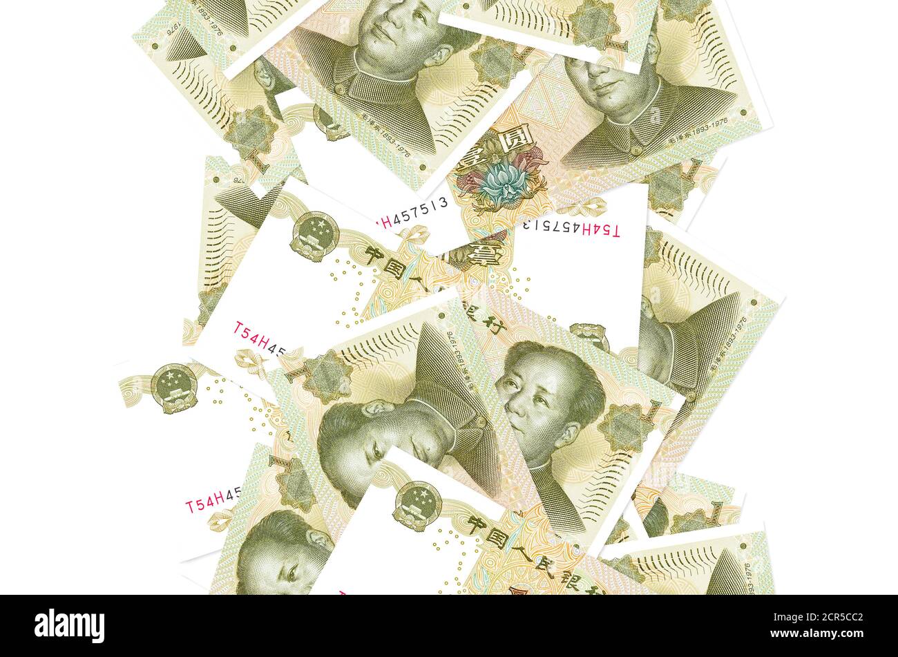 1 Chinese yuan bills flying down isolated on white. Many banknotes ...
