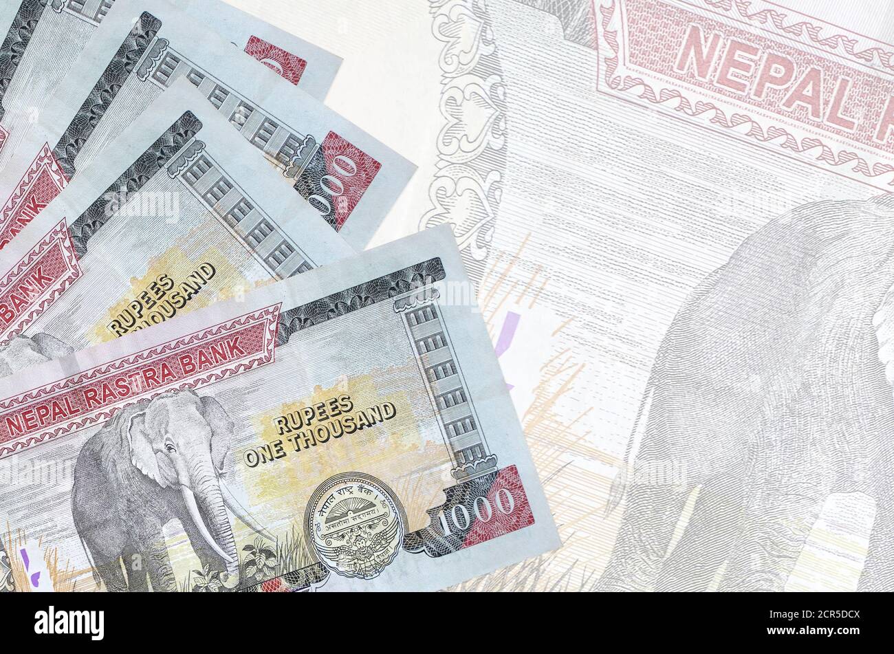 1000 Nepalese rupees bills lies in stack on background of big semi ...