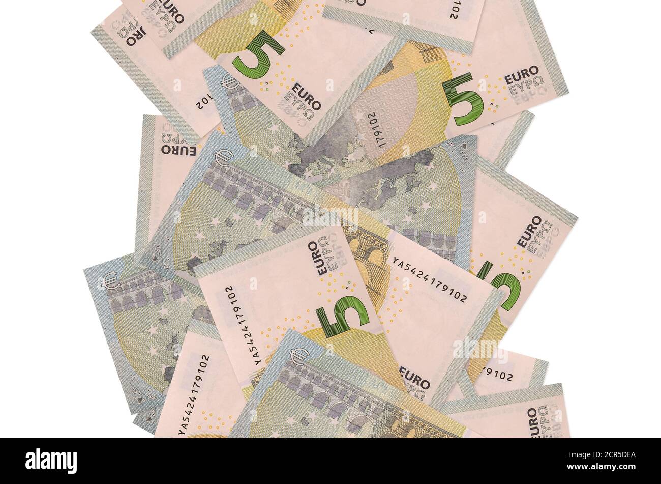 5 euro bills flying down isolated on white. Many banknotes falling with ...