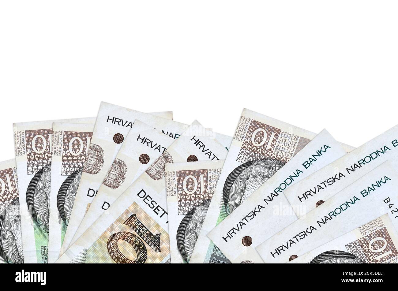 10 Croatian kuna bills lies on bottom side of screen isolated on white ...