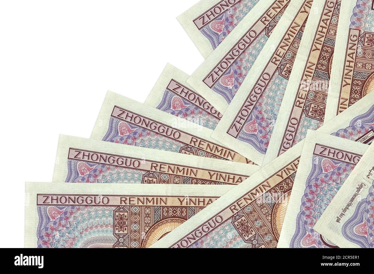 5 Chinese yuan bills lies in different order isolated on white. Local ...