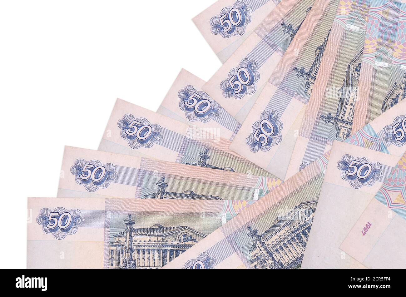 50 russian rubles bills lies in different order isolated on white ...