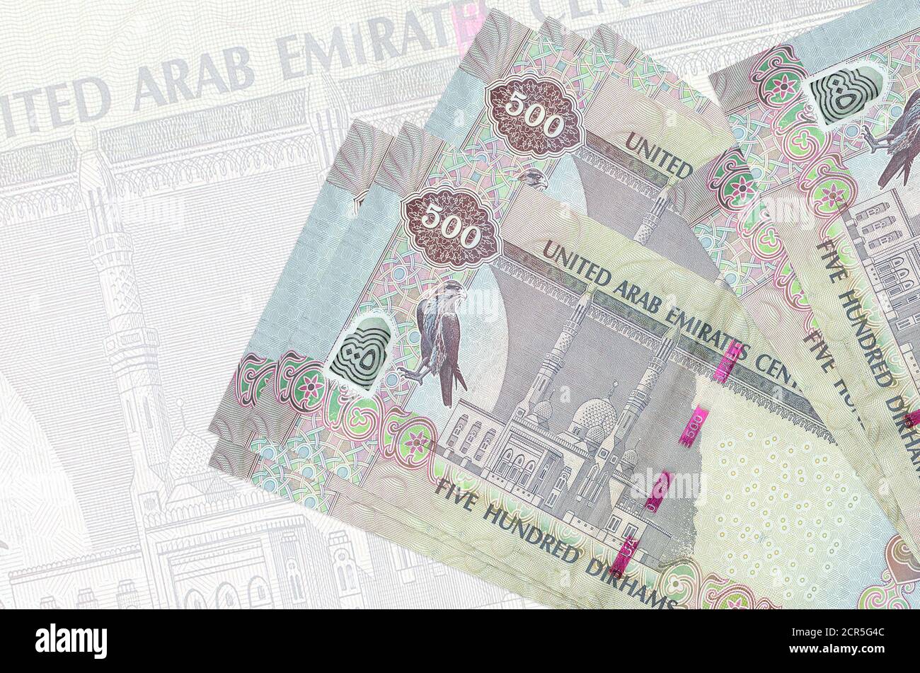 500 UAE dirhams bills lies in stack on background of big semi ...