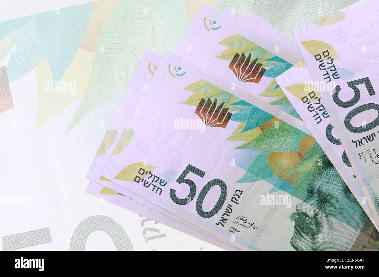 50 Israeli new shekels bills lies in stack on background of big semi ...